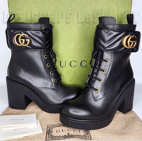 Gucci 36.5 black GG MARMONT Matelasse quilted Leather ankle heeled LaceUp Boots | eBay