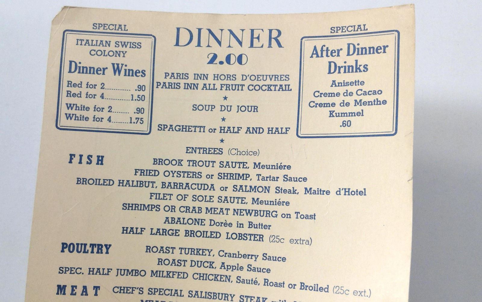 1940's Vintage WWII War Ration OPA Dinner Mystery Menu PARIS INN ...