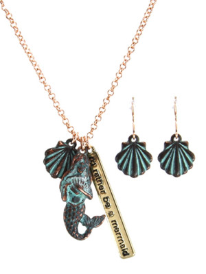 Mermaid Shell Necklace & Earrings Set Rose Gold Verdigris Color Fashion ...