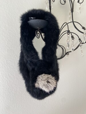 Vintage Cejon Rabbit Fur Black Collar Neck-Wrap With Cute Pom Pom ...