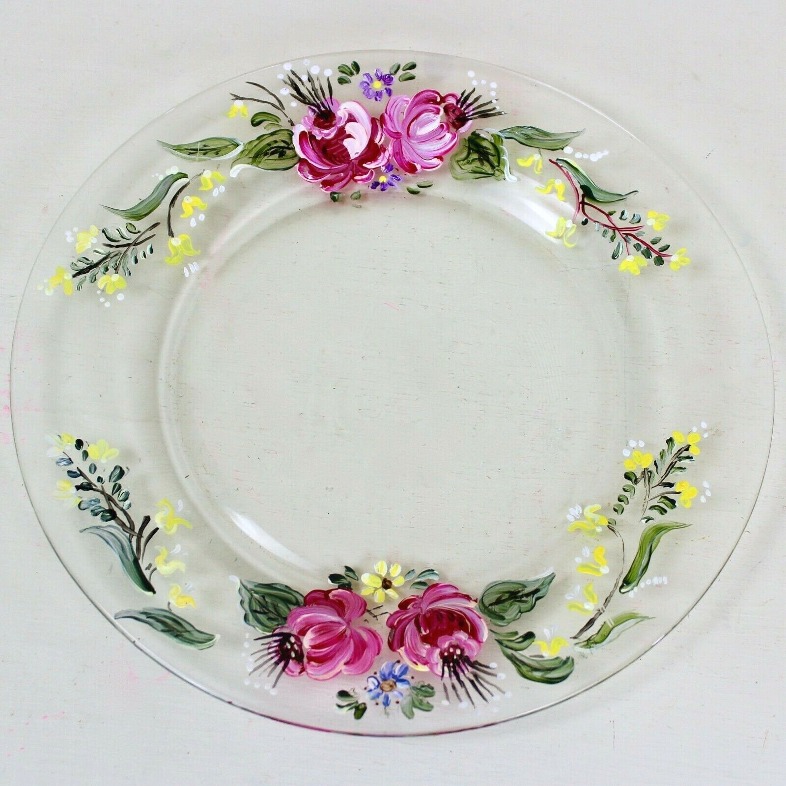 Hand Painted Cabbage Roses Cake Plate Glass Cottage Farmhouse Wedding ...