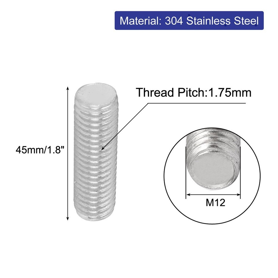 M12 x 45mm 304 Stainless Steel Right Hand Thread Fully Threaded Rod ...