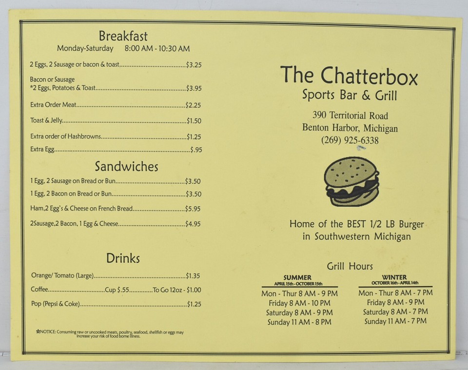 1990s The Chatterbox Sport Bar Menu 390 Territorial Road Benton Harbor ...