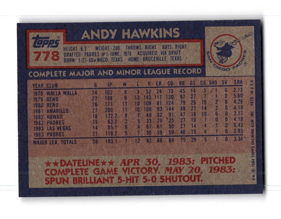 1984 Topps Andy Hawkins RC 778 | eBay
