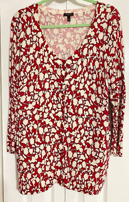 Talbot's 3/4 Sleeve Floral Button Front Cardigan - Red with White - 2X ...