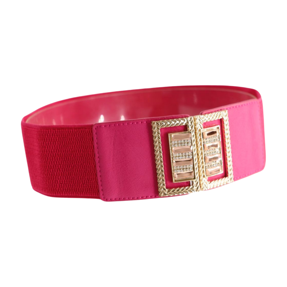 Women Pink Faux Leather Elastic Fabric Fashion Belt Gold Bling Square ...