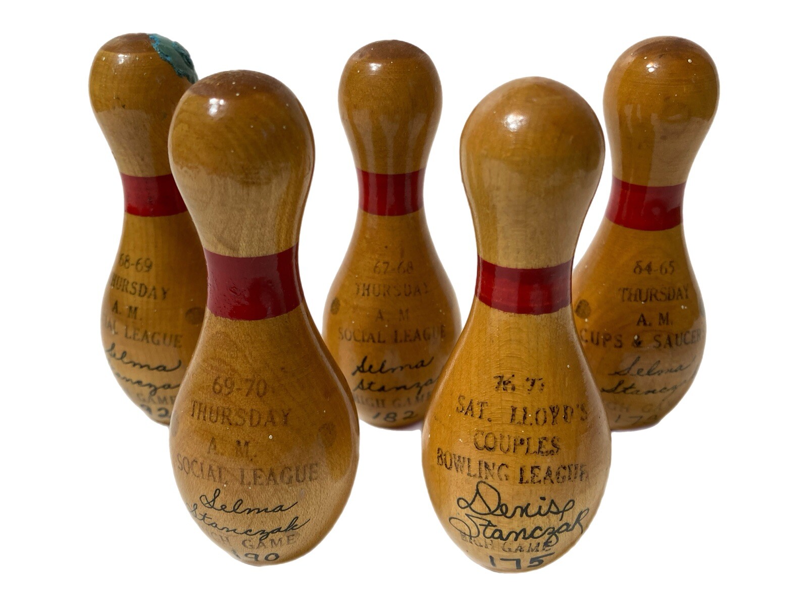 Vintage wooden miniature bowling pins high games set of 5 different ...