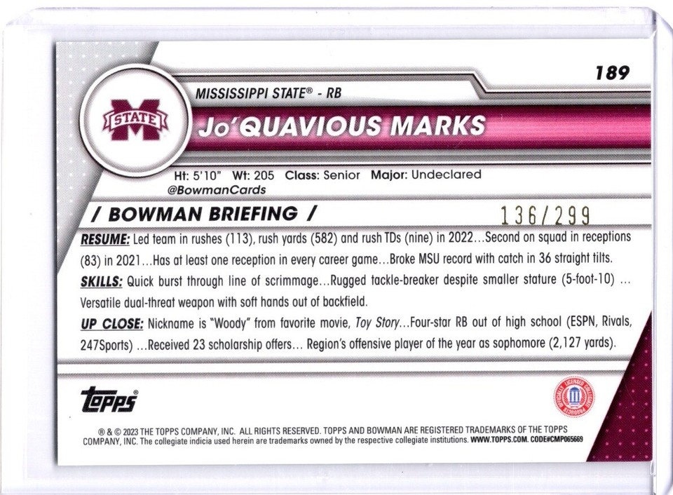 Jo'Quavious Marks 2023 Bowman University Chrome AQUA Refractor 136/299 ...