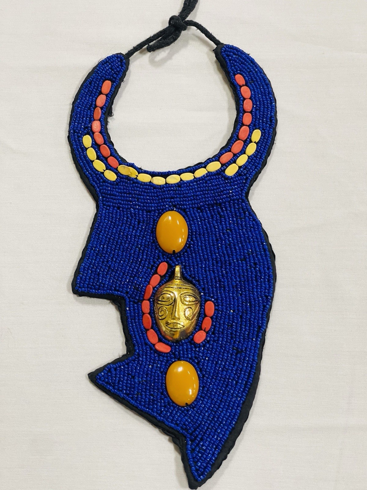 African Beaded Necklace Mask Pendant Blue Yellow Red Gold Beads Metal ...
