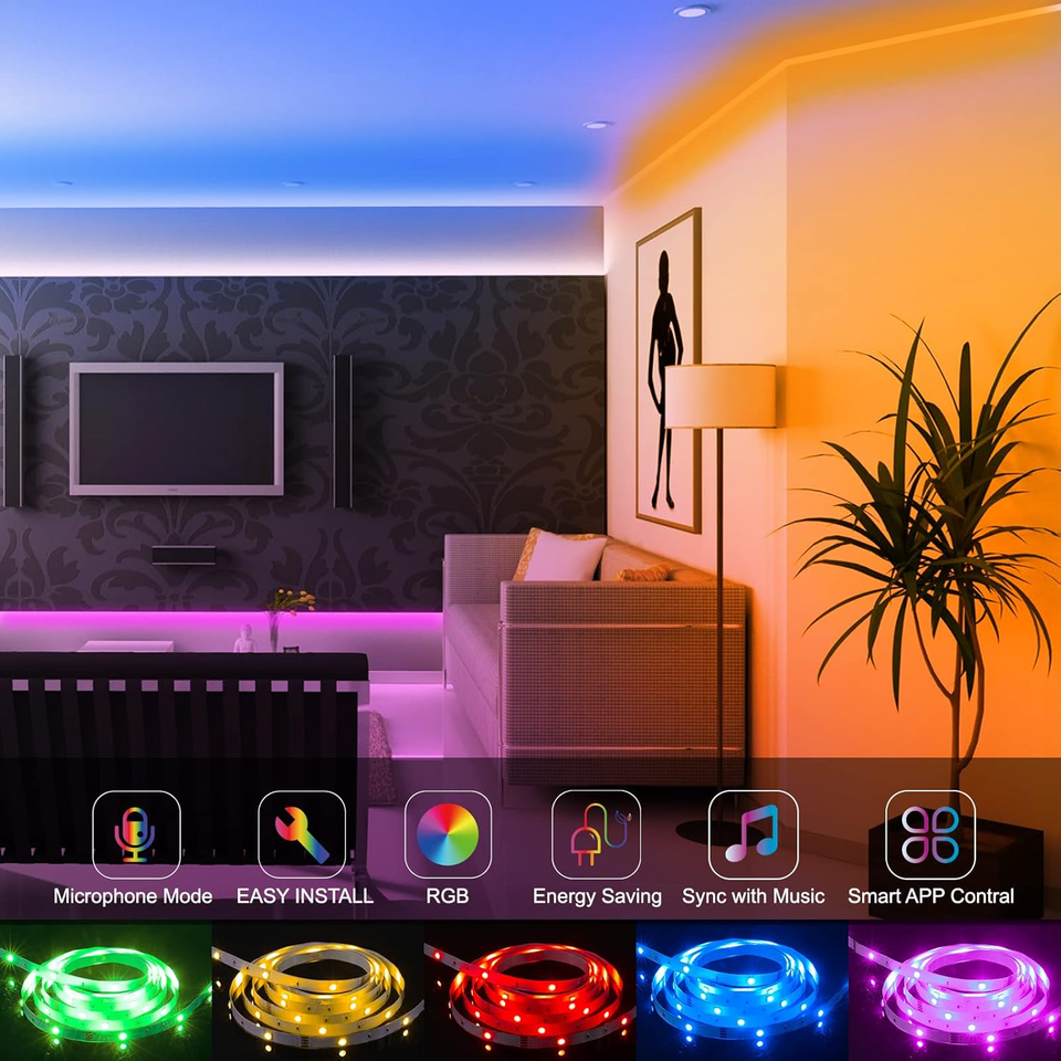 100Ft Led Strip Lights RGB Room Light with Remote Control for Bedroom ...