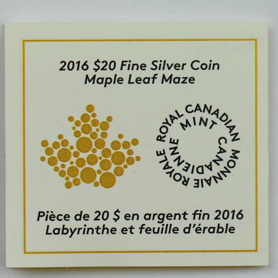 Canada 2016 $20 Maple Leaf Maze, 99.99% Pure Silver Color Proof, Play ...