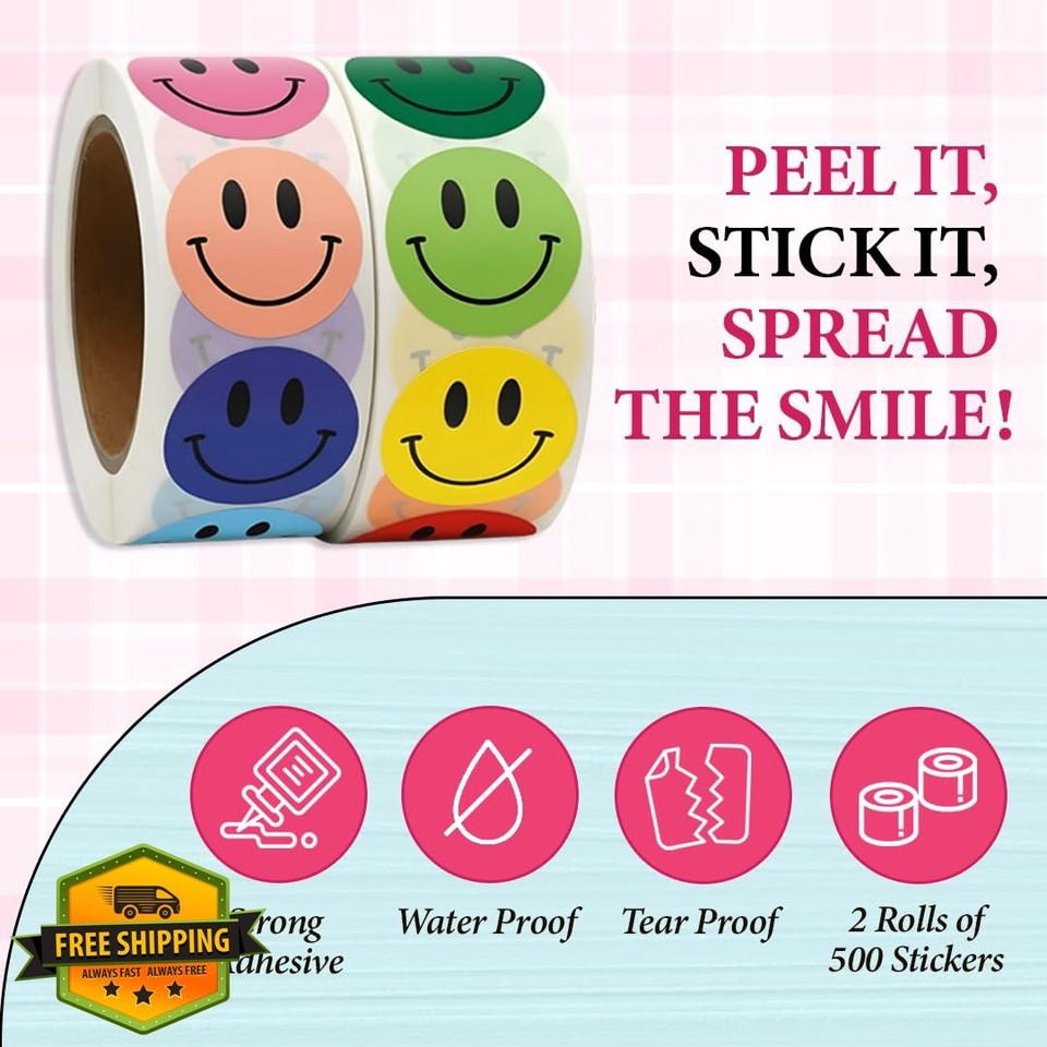 1000pc 1" Multi-Color Smiley Face Stickers Happy Face Labels Rolls ...