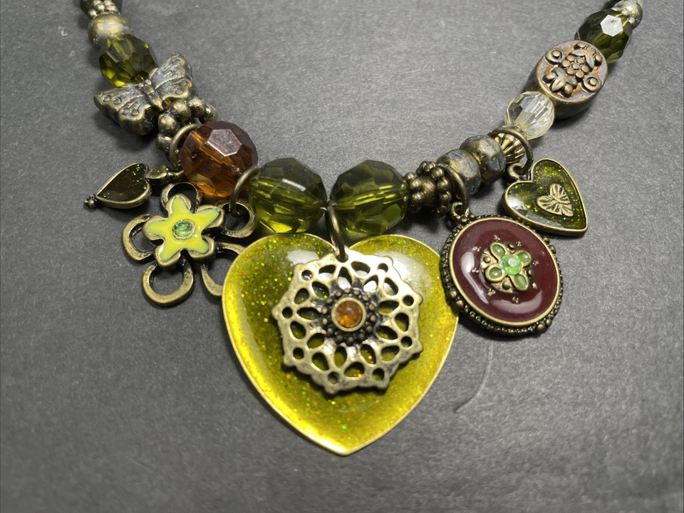 Statement Necklace BOHO Earthy Resin Hearts Butterflies Flowers Browns ...