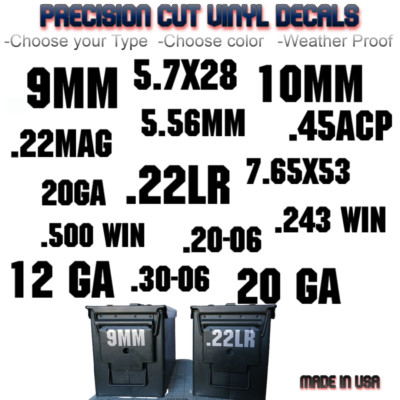 Ammo Can Vinyl Decals Stickers 9MM 5.56 Various Bullet Calibers Labels ...