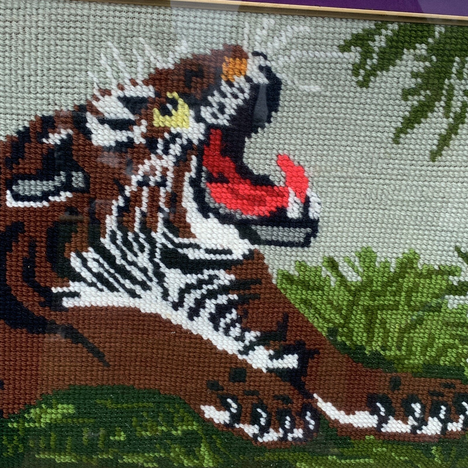 Huge Framed Tiger Needlepoint Art Hand Sewn Vintage Behind Your Touch K ...