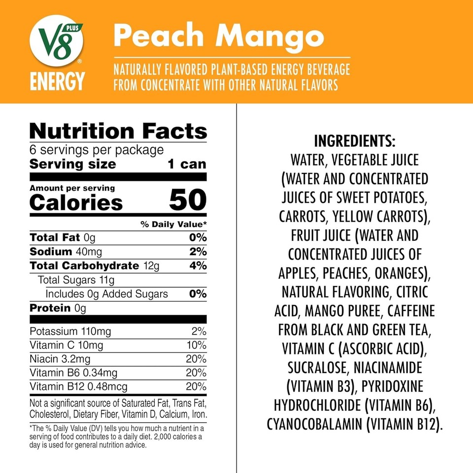 V8 +ENERGY Peach Mango Energy Drink Made with Real Vegetable and Fruit ...