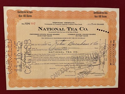 National Tea Company 1925 Original Stock Certificate | eBay