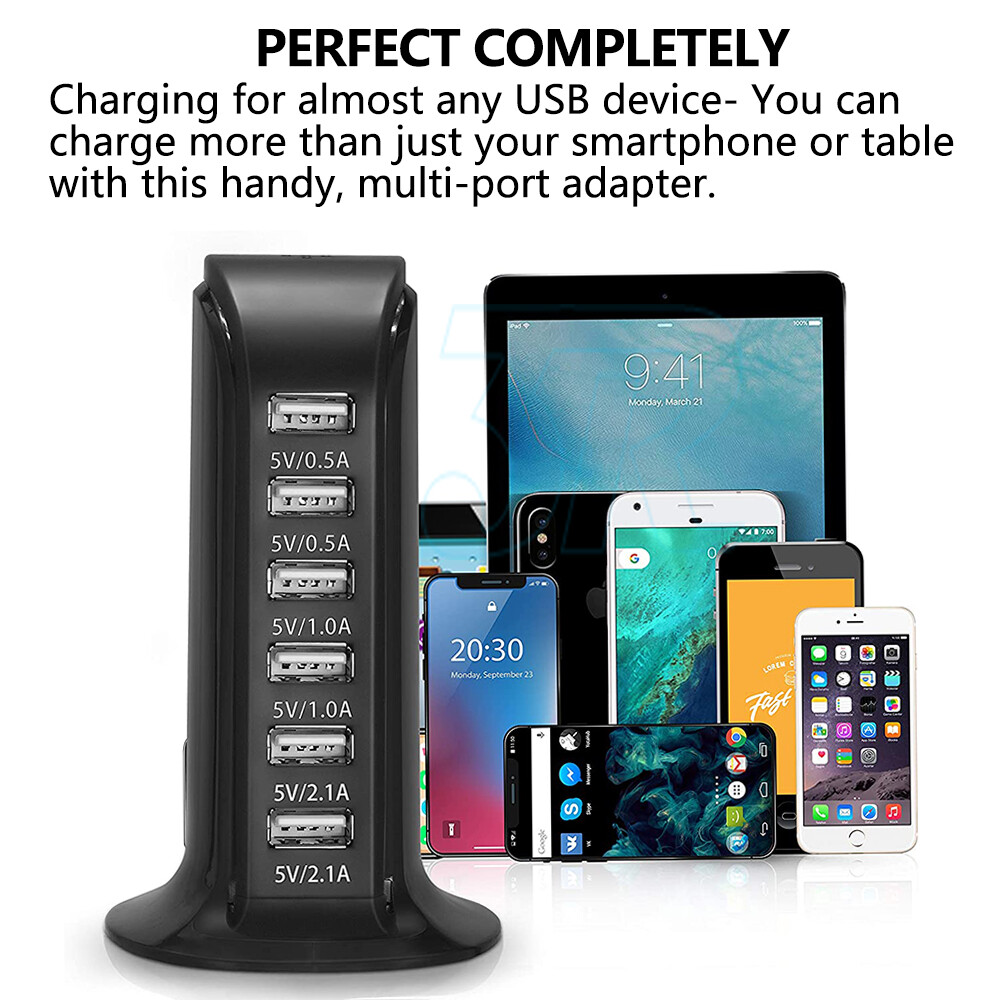 6 Port Charging Station USB Desktop Charger Rapid Tower Power Adapter ...