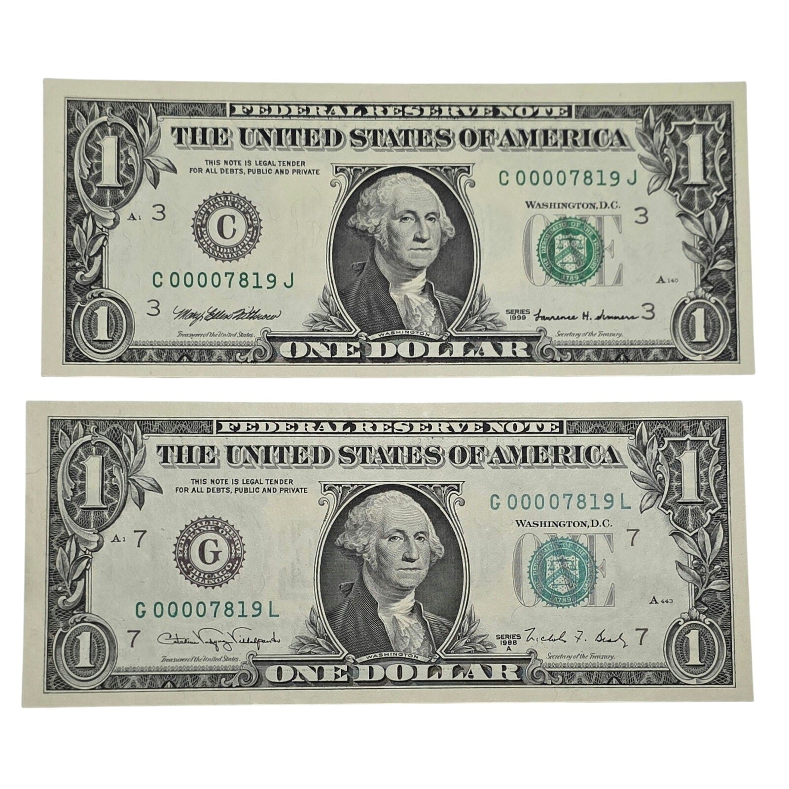 Pair of Matching Low Serial Number US $1 Note Crisp Unc #C00007819 ...