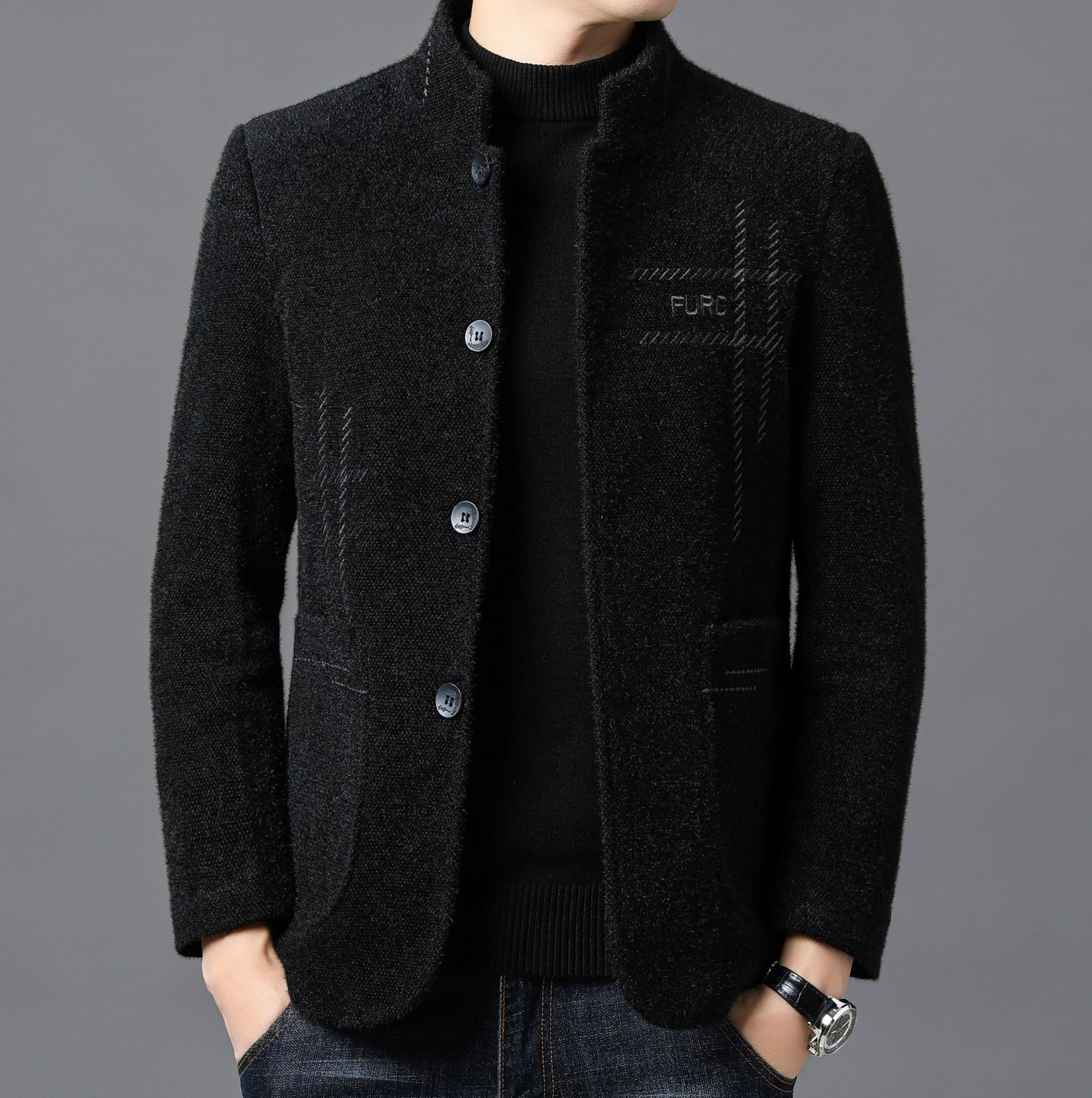 Winter Woolen Stand Collar Coat Men's Casual Wool Cotton Coat Jacket ...