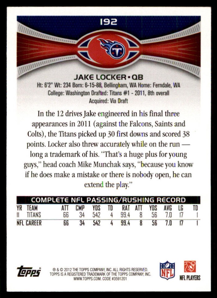 2012 Topps #192 Jake Locker | eBay
