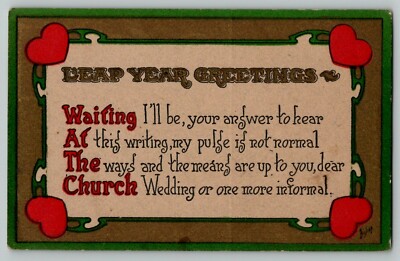1908 Leap Year ACROSTIC "Waiting At The Church" Vintage Postcard Poem ...