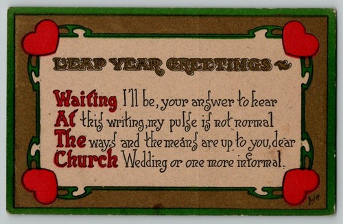 1908 Leap Year ACROSTIC "Waiting At The Church" Vintage Postcard Poem ...