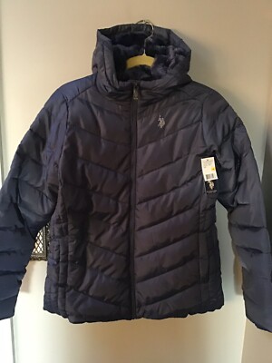 US Polo Assn Puffer Jacket Women’s Size M Indigo Blue Hooded Faux Fur ...
