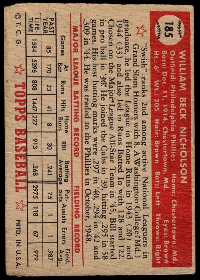 1952 Topps #185 Bill Nicholson Philadelphia Phillies LOW GRADE | eBay