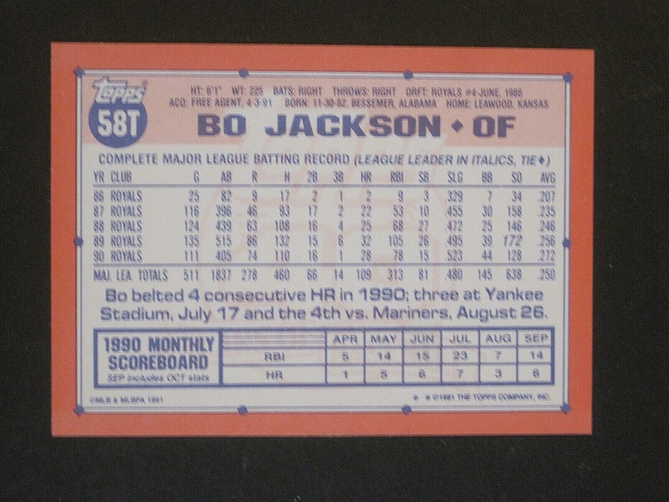 1991 TOPPS TRADED BO JACKSON CHICAGO WHITE SOX CARD #58T!!!!!!!!! | eBay