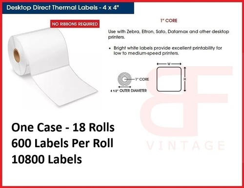 One Case 18 Rolls 4"x4" Thermal Labels 1" Core 600 Labels Per Roll No ...