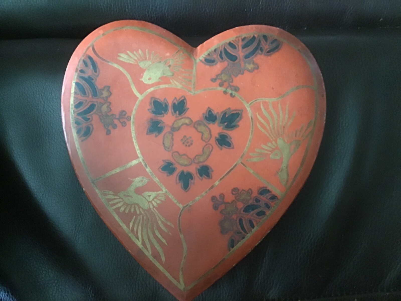 Vintage Japanese Iron Red Lacquered Heart Lidded Box Gold Black ...