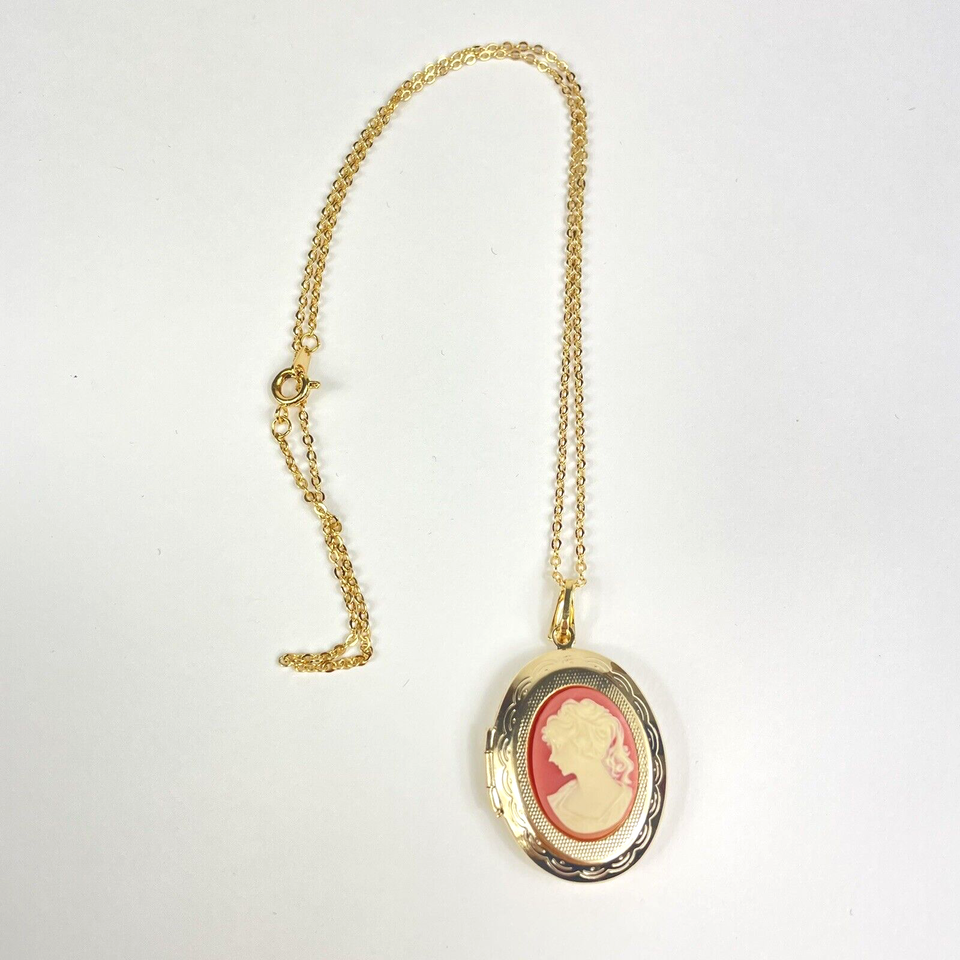 Vintage Style Cameo Locket Pendant Necklace 14k Gold Plated Etched ...
