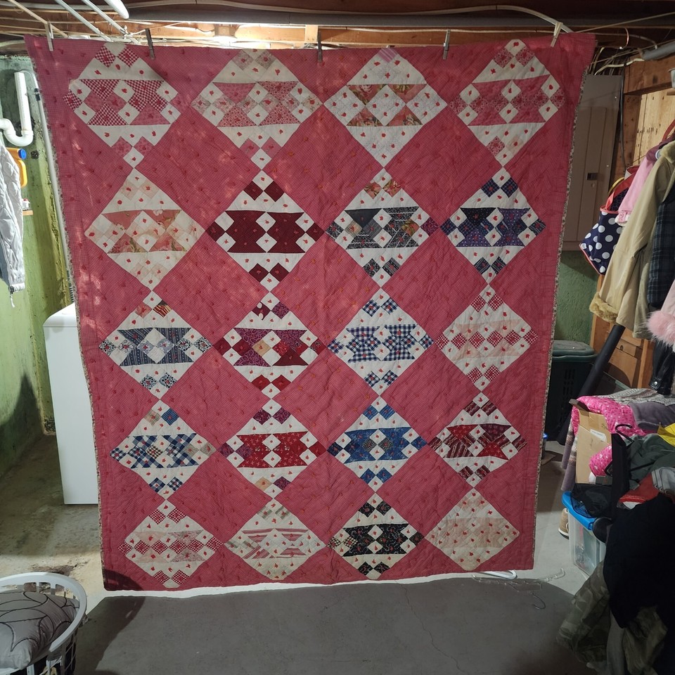 Antique Handmade Stitched Prim Folk Art Diamond Patchwork Cotton Quilt ...