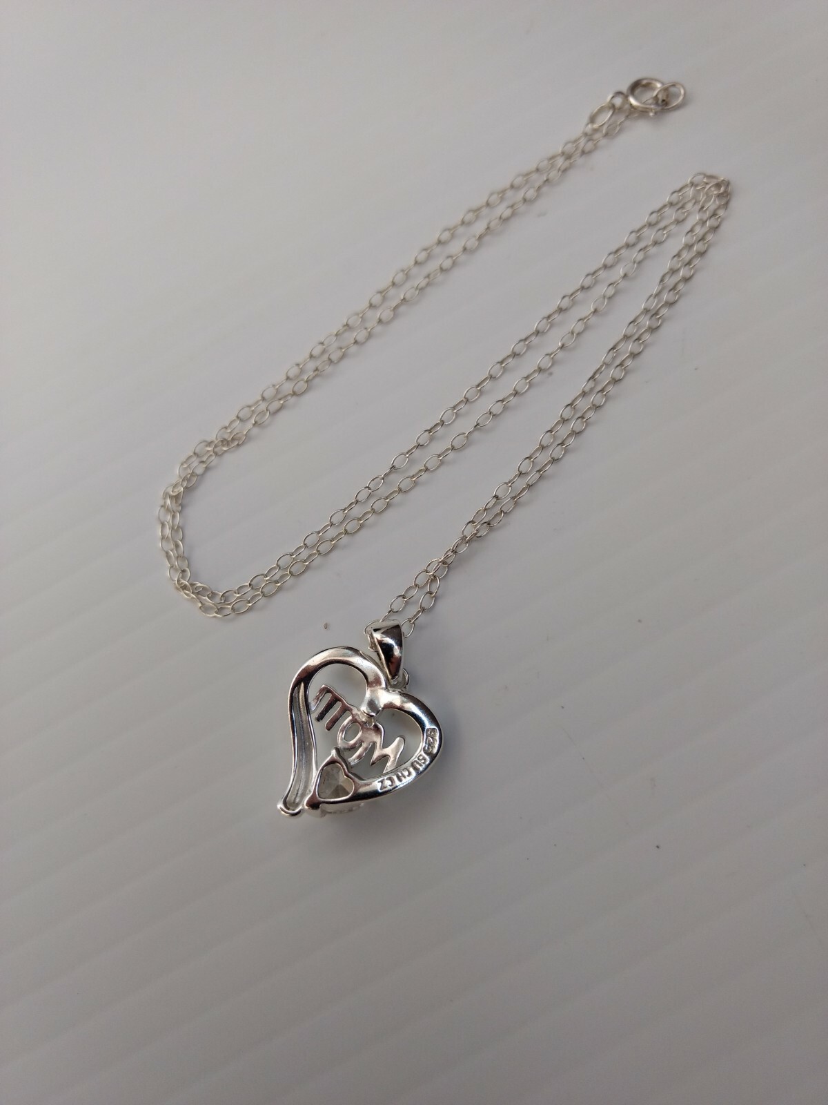 Sterling Silver Heart Mom Pendant Cubic Zirconia Necklace 18" - 925 SU ...