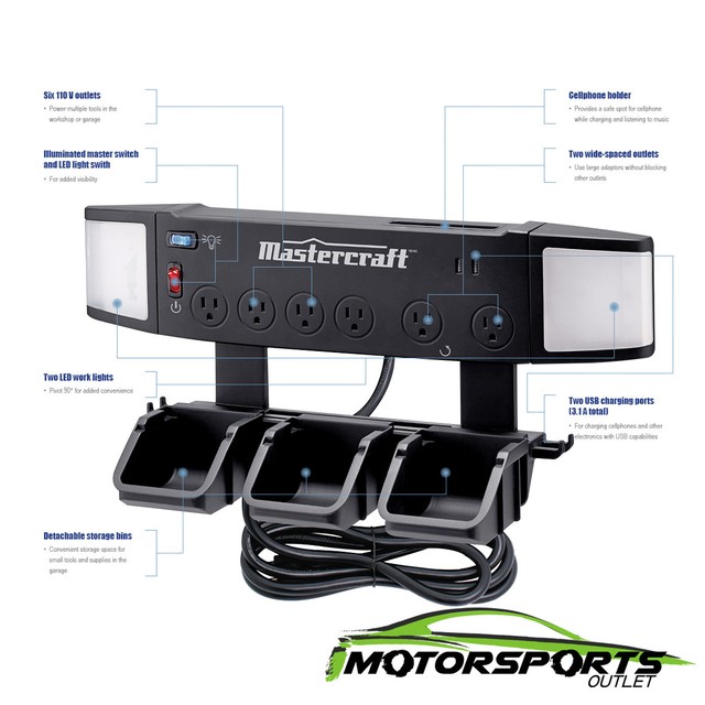 MasterCraft 6 Outlets Power Bar Station Lights 2 USB Port Charger 3 ...