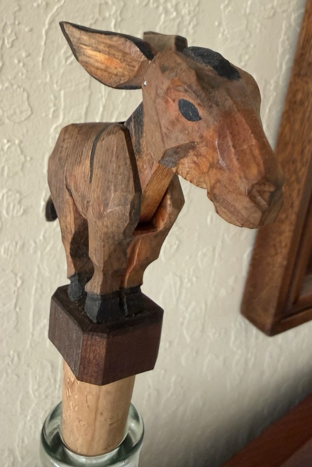 Vtg Carved Wooden Donkey Bottle Stopper - Mechanical / Moveable Cork ...
