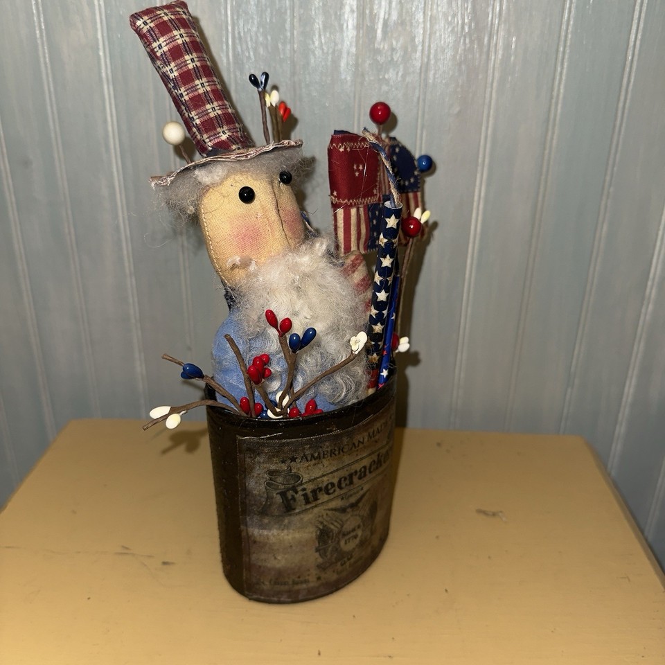 Prim Doll Uncle Sam In Faux Rusty Can Pip Berries Firecrackers | eBay