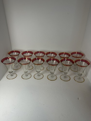 Gold Rimmed Cranberry Glass Vintage Stemmed Glasses Set 12 MCM barware ...