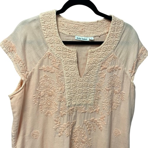 Roller Rabbit Cotton Split Neck Embroidered Faith Dress Peach Womens XL ...