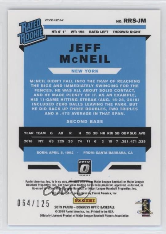 2019 Donruss Optic Rated Rookie Signatures Purple Prizm Jeff McNeil ...