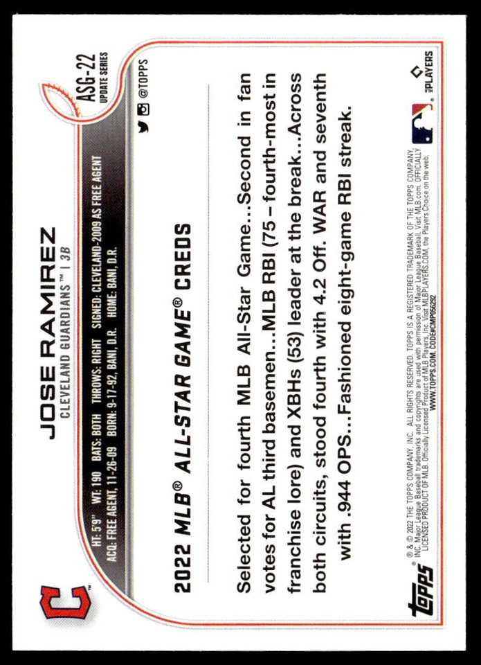 2022 Topps Update #ASG-22 Jose Ramirez All-Star Game NM-MNT | eBay