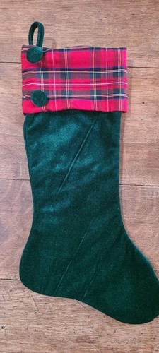 Green Velvet Christmas Stocking Red Tartan Plaid Cuff Buttons New ...