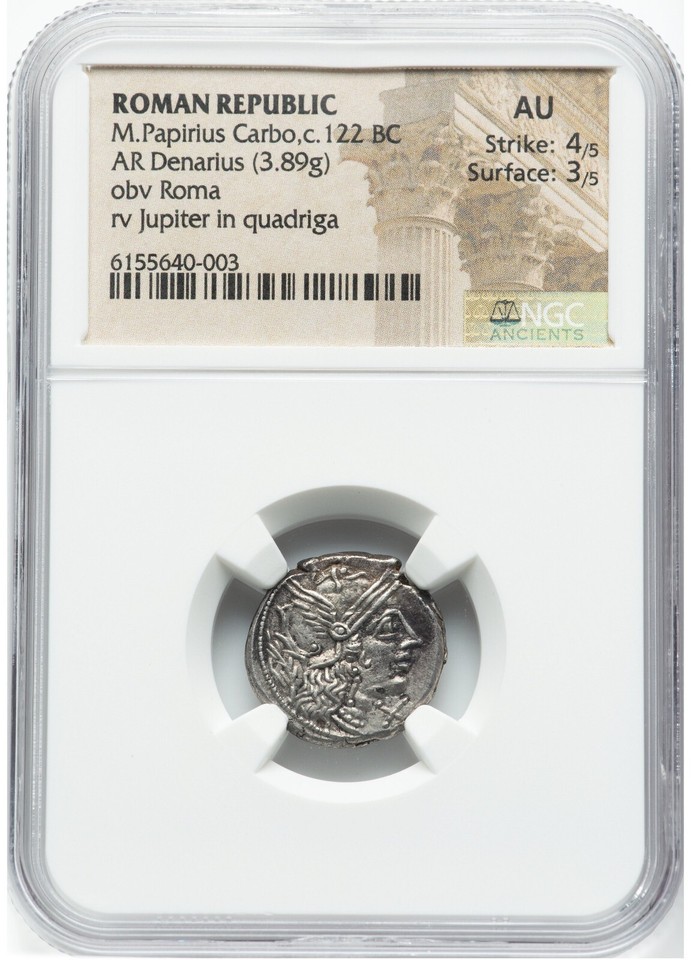 ROMAN REPUBLIC M Papirius Carbo Ancient NGC AU Roma Zeus QUADRIGA ...