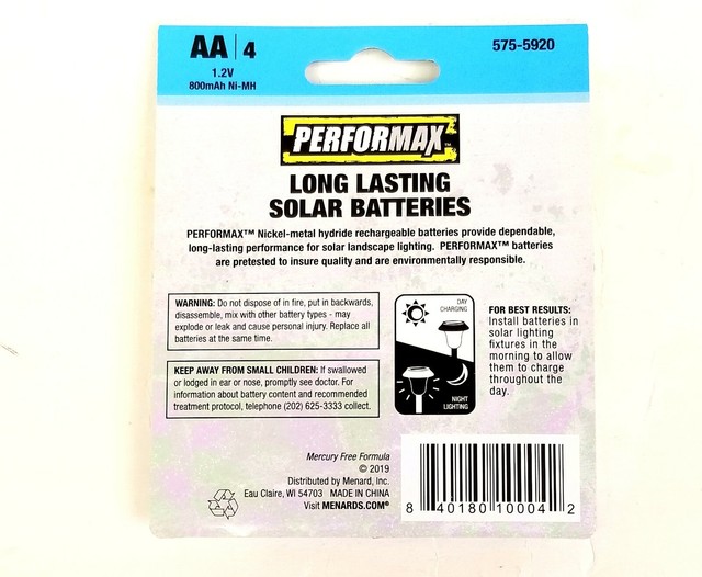 4 PERFORMAX SOLAR LANDSCAPE LIGHTING RECHARGEABLE NI -MN BATTERIES AA ...
