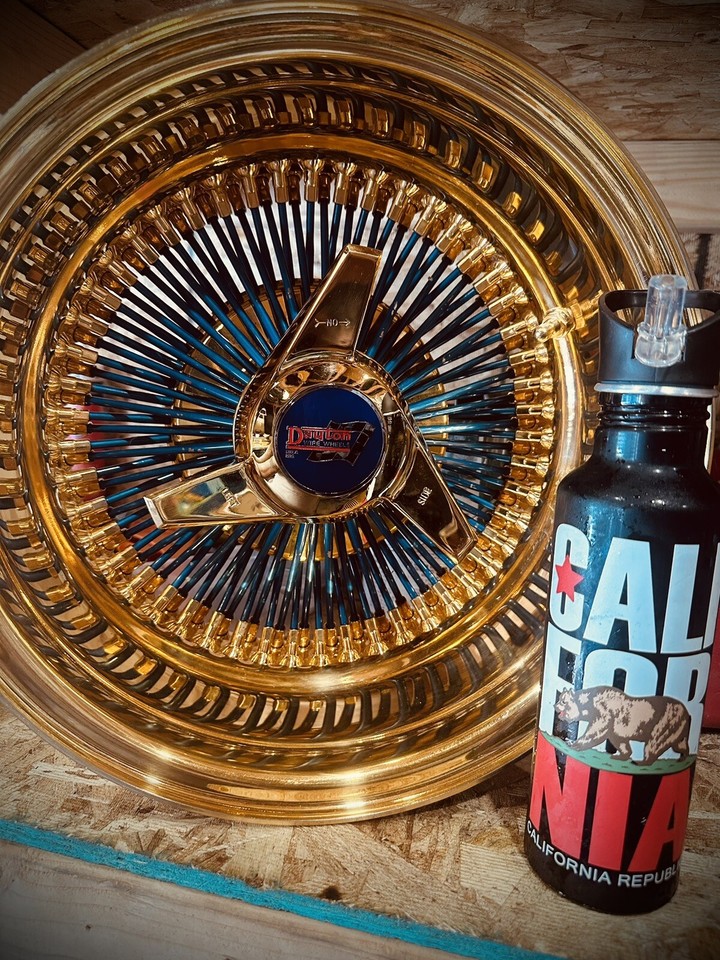 dayton wire wheels All Gold With Custom Blue Spokes 14x7 | eBay