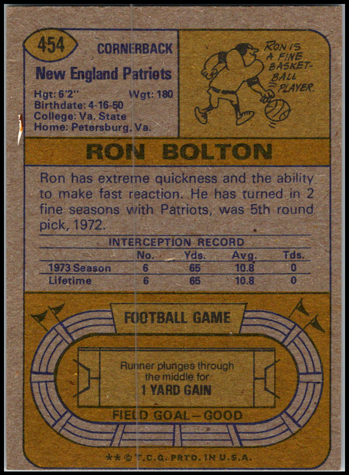 1974 Topps ROOKIE RC #454 Ron Bolton FREE SHIPPING! | eBay