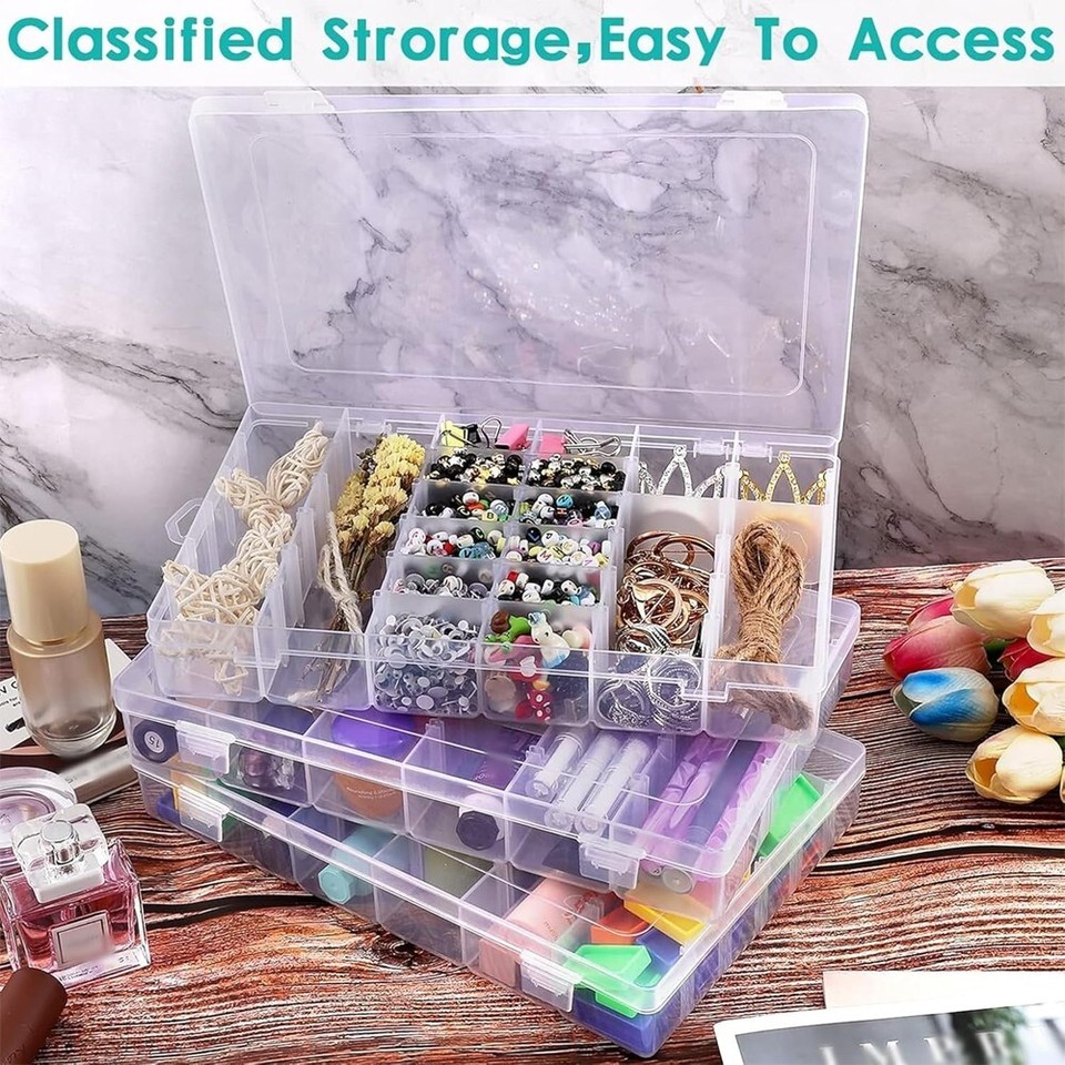 2 Pack 36 Grids Clear Plastic Organizer Box with Adjustable Dividers ...
