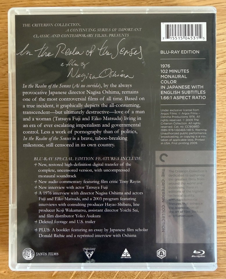 IN THE REALM OF THE SENSES Criterion USA import Blu-ray NAGISA OSHIMA ...