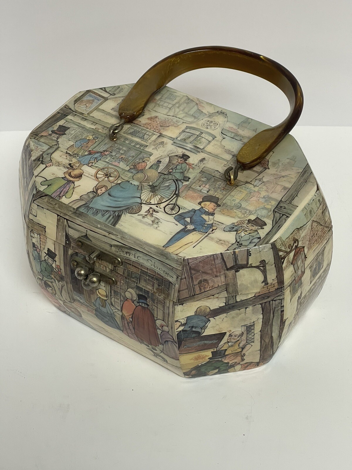 Vintage 50s Wood Box Bag Americana Colonial Historical Scenes Paul ...